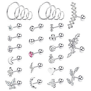 BESTEEL 28 Pcs 16g Cartilage Earring Stud Hoop for Women Tragus Stud Earring Cartilage Piercing Jewelry Surgical Steel Forward Helix Earrings Hoop Rook Daith Conch Piercing Jewelry Silver