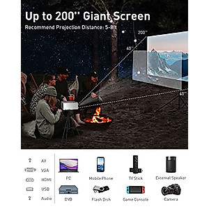 Mini Projector, Portable WiFi Movie Projector for Outdoor Use, 8000L 1080P HD and 200'' Screen Supported, with Great Sound Quality for Home Theater Video, Compatible with iPhone/iOS/Android/HDMI/TV