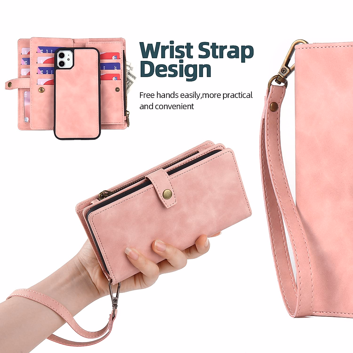 TwoHead for iPhone 11 Wallet case with Card Holder & Detachable Magnetic Phone case, PU Leather case Wallet for Women/Men,Wallet Phone Case (Pink)