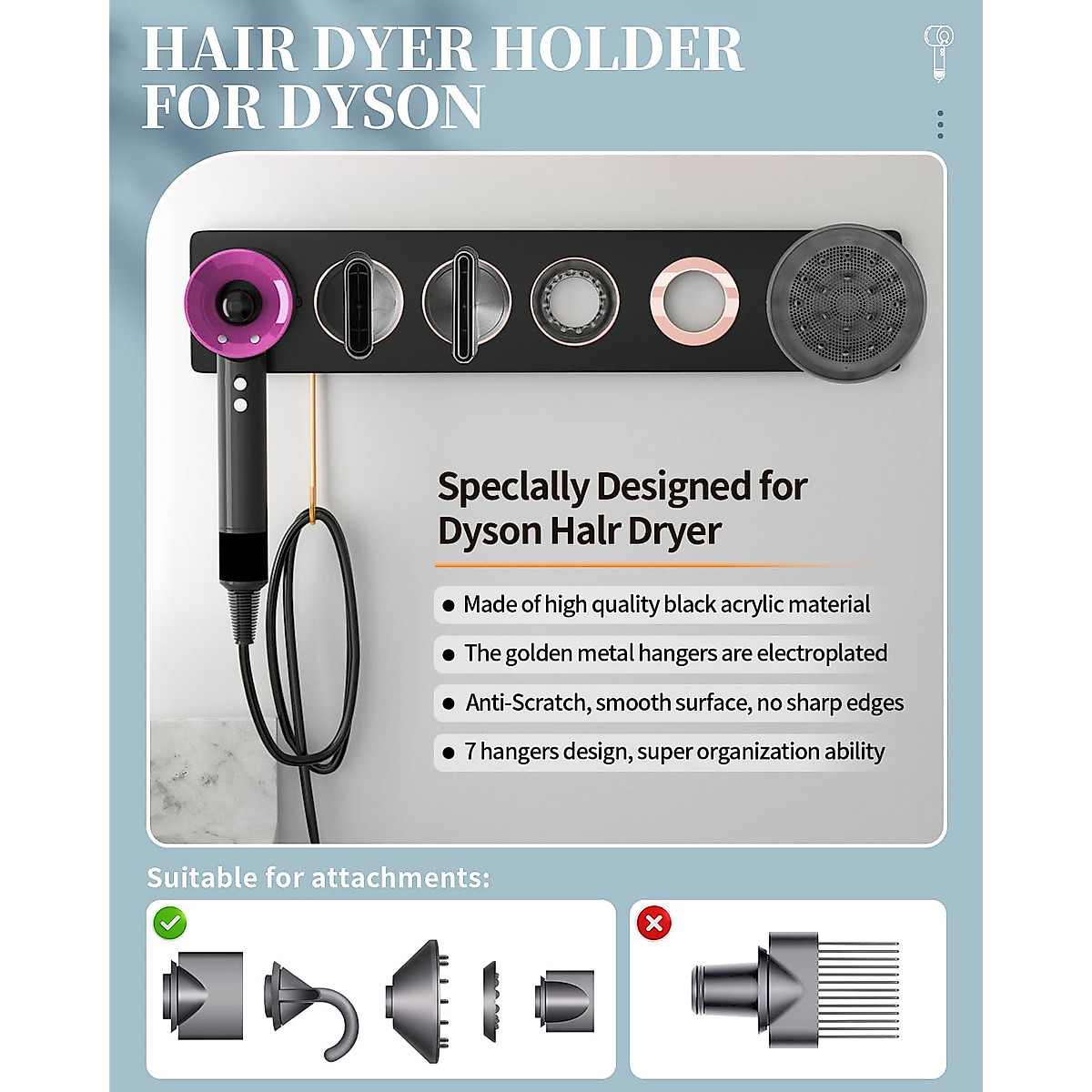 Magnetic Wall Mount Hair Dryer Holder for Dyson Supersonic with 5 Magnetic Rings for The Attachments, Premium Blow Dryer Holder Wall Mounted, Ultimate Convenience (Model A - Black)