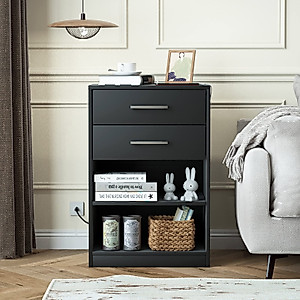 Irontar Nightstand with Charging Station, 2 Drawers End Table with 2 AC Outlets and 2 USB Ports, Wooden Side Table, Bedside Table with Adjustable Open Storage, Bedroom Night Stand, Black BZZ001BE