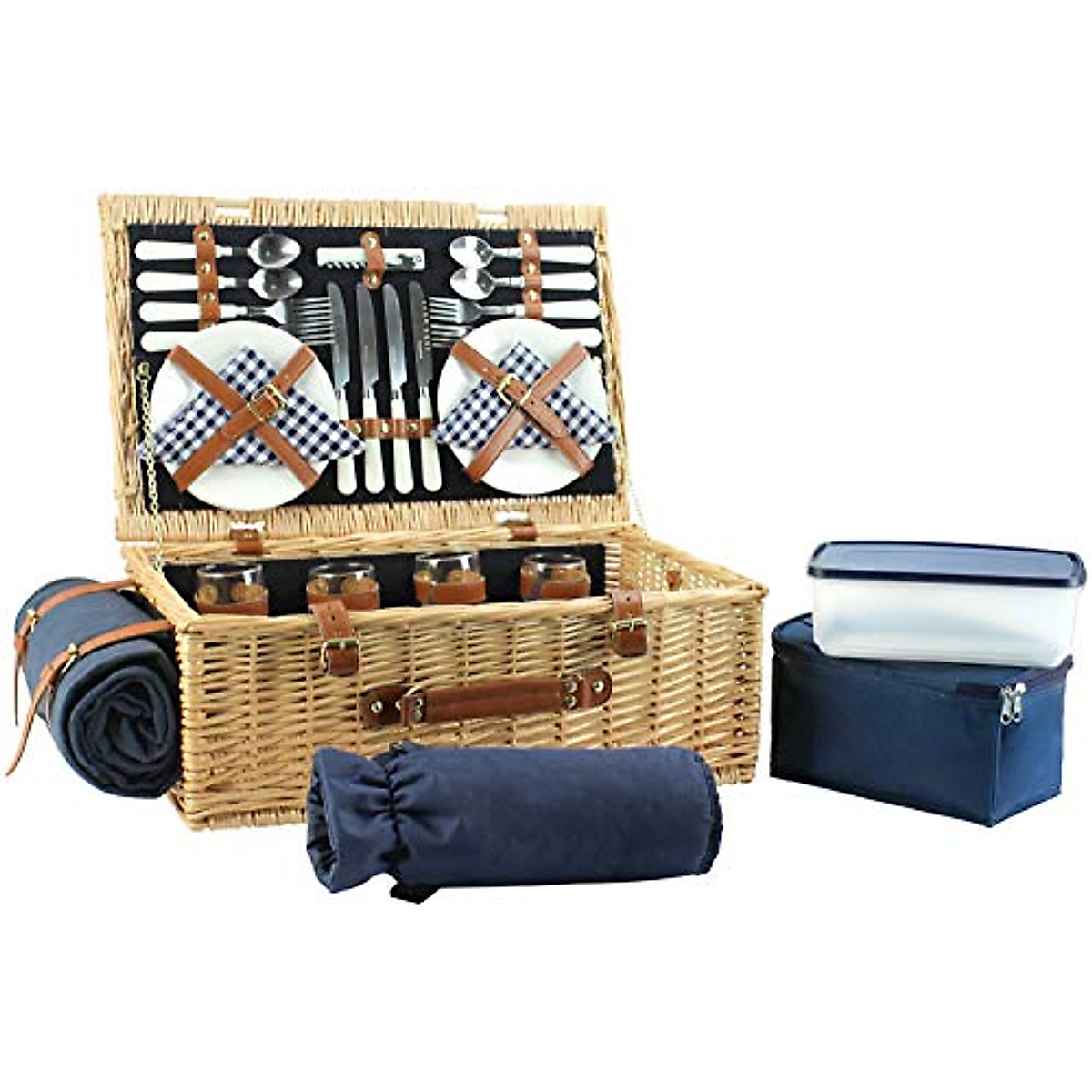 Large Willow Picnic Basket with Deluxe Service Set for 4 Persons, Natural Wicker Picnic Hamper with Food Cooler, Wine Cooler, Free Fleece Blanket and Tableware - Best Gift for Father Mother
