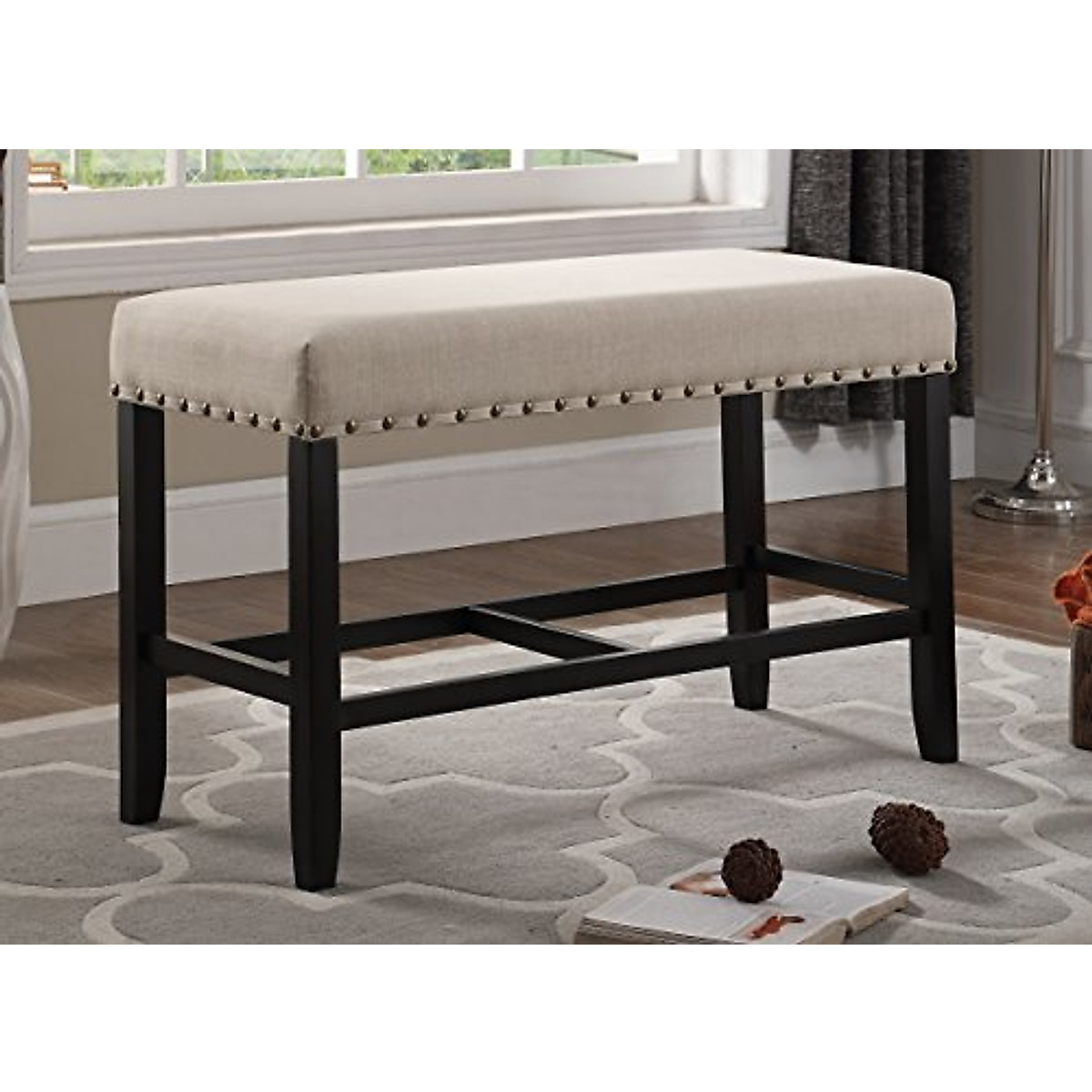 Roundhill Furniture Biony Fabric Counter Height Dining Bench with Nailhead Trim, Tan