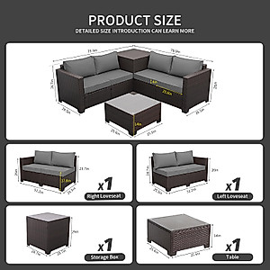 Outdoor PE Wicker Patio Furniture Set 4 Piece Dark Brown Rattan Sectional Loveseat Couch Set Conversation Sofa with Storage Box Glass Top Table and Non-Slip Grey Cushion