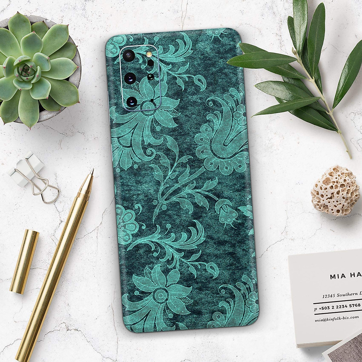 DesignSkinz Green and Teal Floral Velvet v3 Protective Vinyl Decal Wrap Skin Cover Compatible with The Samsung Galaxy S20 (Screen Trim & Back Glass Skin)