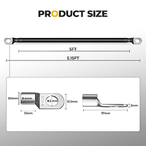 BougeRV Battery Cable 4 AWG 5 Feet in Pair, Flexible Silicone and Pure Copper Wire Set, with M8 5/16" Lugs, for Power Inverter, Battery, RV, Marine (4 Gauge 5Ft/60Inch)