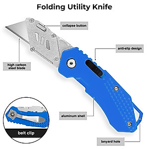 DIYSELF 3 Pack Box Cutters for Work, Folding Utility Knife, Razor Knife Utility Folding, Extra 30 SK5 Steel Blades Included, Box Knife for Work, Folding Box Cutter, Box Opener for Packages (3 Blue)