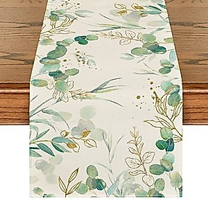Artoid Mode Beige Greenery Eucalyptus Summer Table Runner, Spring Seasonal Anniversary Holiday Kitchen Dining Table Decoration for Indoor Outdoor Home Party Decor 13 x 72 Inch