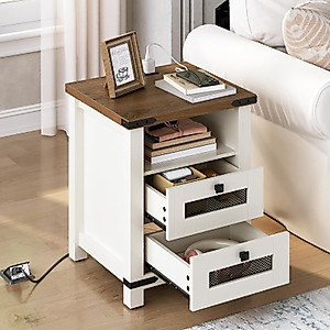 HOOBRO Nightstand with Charging Station, Farmhouse End Table with 2 Drawers Storage Cabinet, Sofa Side Table, 18" Rustic Night Stand for Bedroom, Living Room, White and Walnut WH146UBZ01