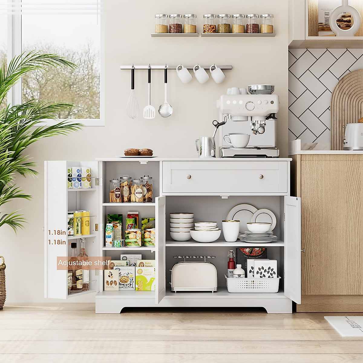 HOSTACK Buffet Cabinet with Storage, Modern Sideboard Buffet with Doors, Wood Coffee Bar Kitchen Storage Cabinet with Drawer and Adjustable Shelf for Kitchen, Dining Room, Living Room, White