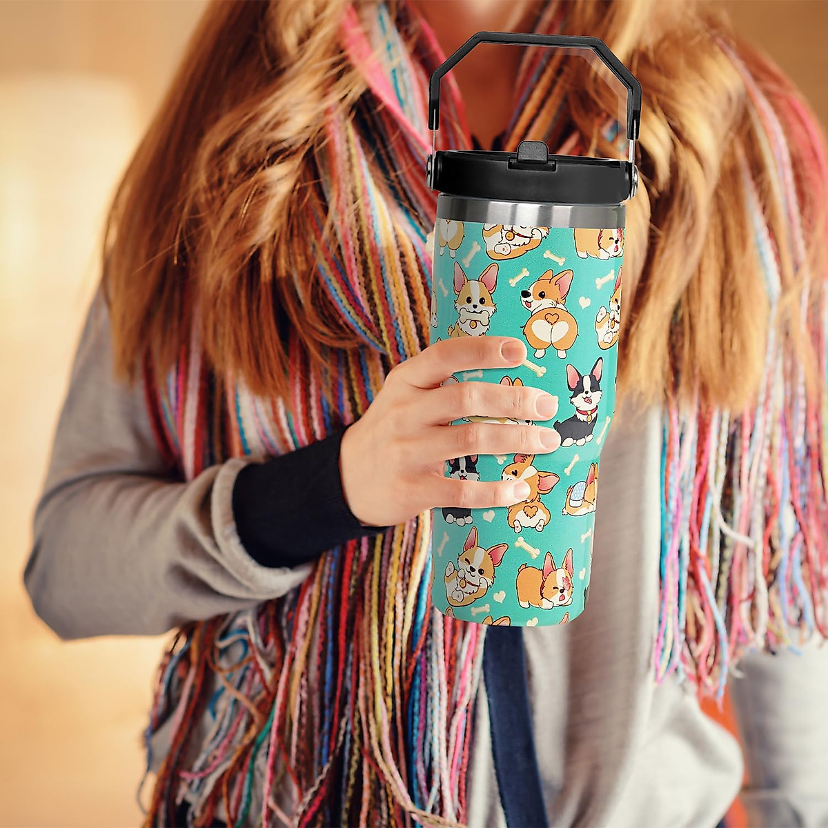 Corgi Gifts Corgi Tumbler with Handle and Straw, Stainless Steel Vacuum Insulated Flip Straw 30 oz Corgi Tumbler, Spill Proof Coffee Travel Mug Corgi Gifts for Corgi Lovers