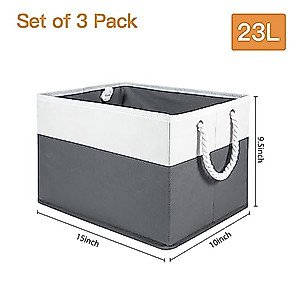 Vimudiy Storage Bin, Foldable Storage Basket [3-Pack] with Dual Rope Handles, Large Capacity Storage Boxes with Sturdy Non-Woven Fabric for Organizing Toys, Shelves & Closet, White & Grey