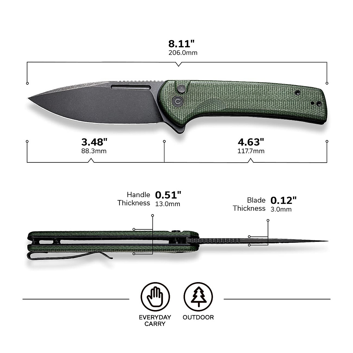 CIVIVI Pocket Knife for EDC, Conspirator Button Lock Folding Knife 3.48" Nitro-V Blade, Green Micarta Handle C21006-2