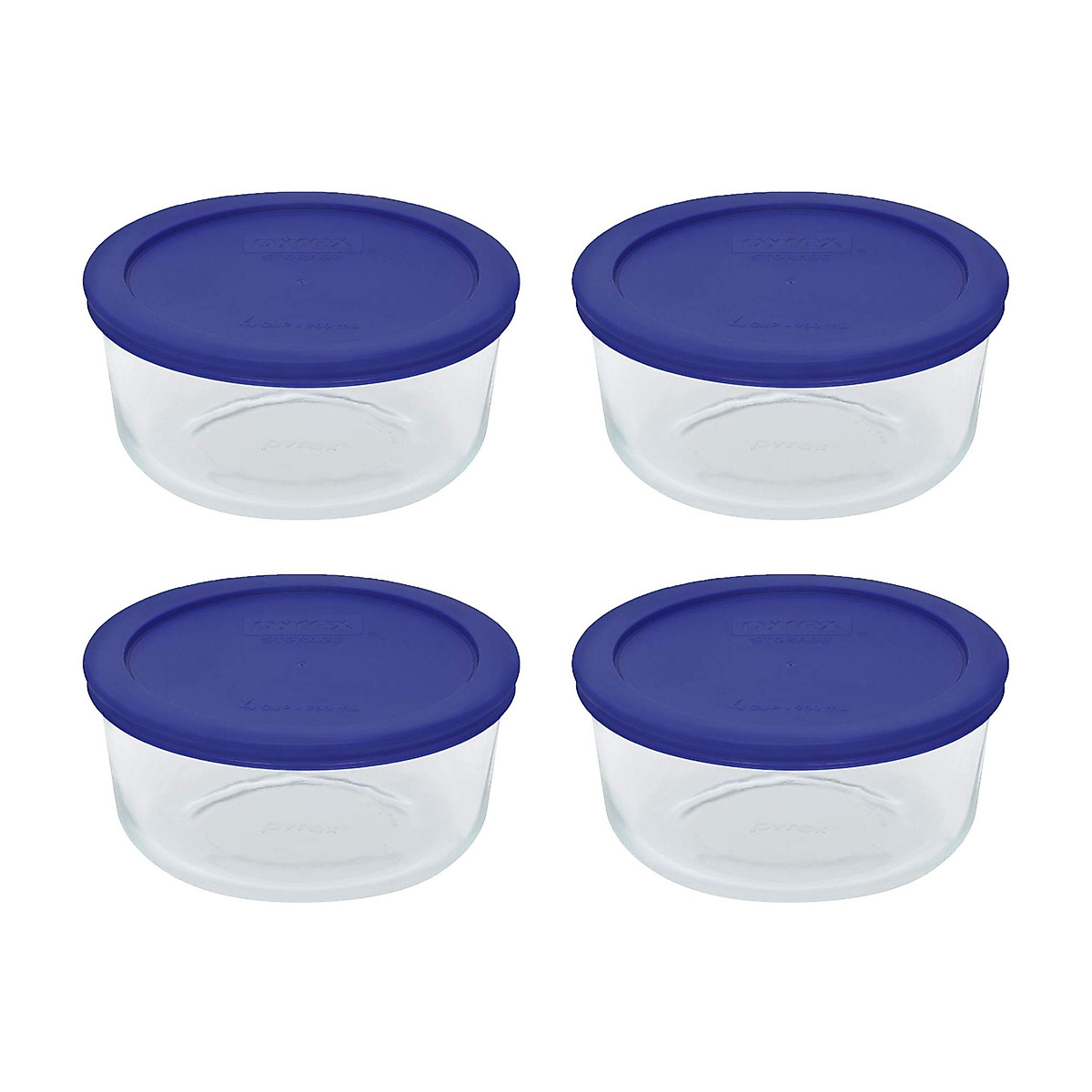 Pyrex Storage 4 Cup Round Dish, Clear with Blue Lid, Pack of 4 Containers