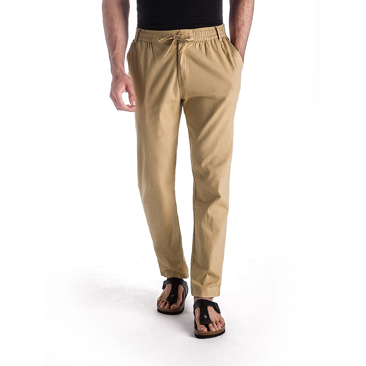 MUSE FATH Men’s Linen Elastic Waist Pants-Lightweight Summer Trousers-Khaki-S