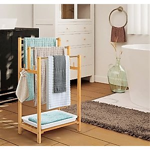 Nisorpa 3 Tier Freestanding Towel Rack Bamboo Bathroom Towel Drying Stand Holder Bamboo Standing Towel Rack with Bottom Storage Shelf for Hand Towel Washcloth Facecloth Small Bath Towel and Bathrobe
