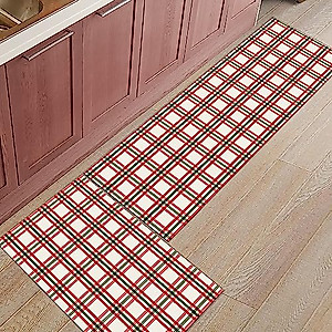 Miaklek Christmas Farmhouse Lattice Kitchen Mats for Floor Anti Fatigue Mats for Kitchen Floor Kitchen Rugs Cushioned Mats Non Slip Comfort Standing Kitchen Rugs Set of 2, Red and Green Plaid