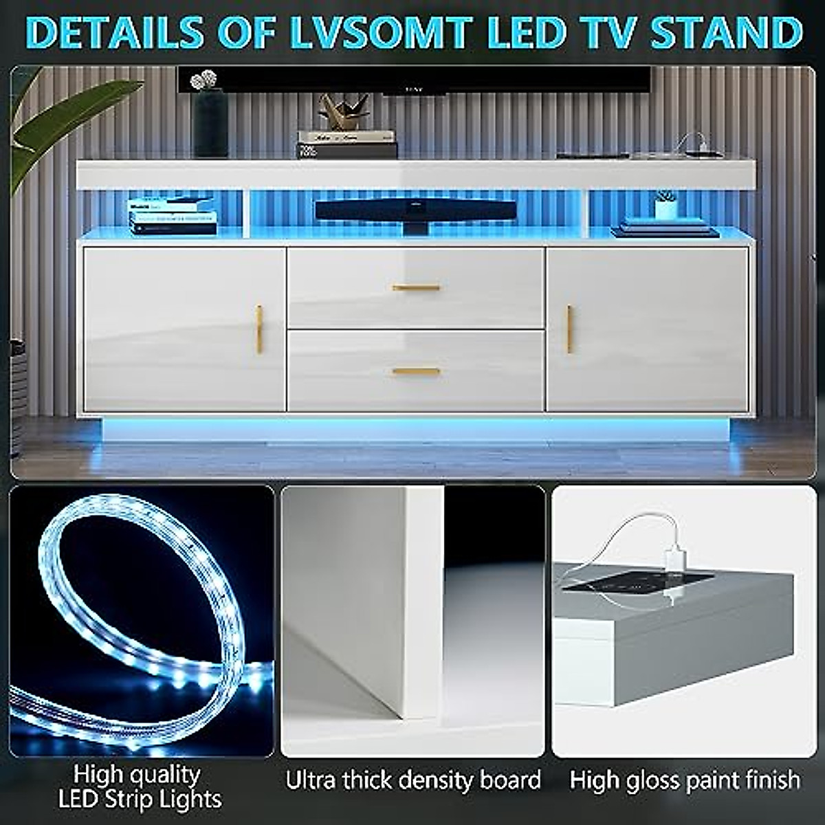 LVSOMT High Gloss Entertainment Center White with 3-Colors Lighting, LED Modern TV Stand for 65+ inch TV, Home Storage Cabinet, Console Media Cabinet for Living Room (Pearl White)