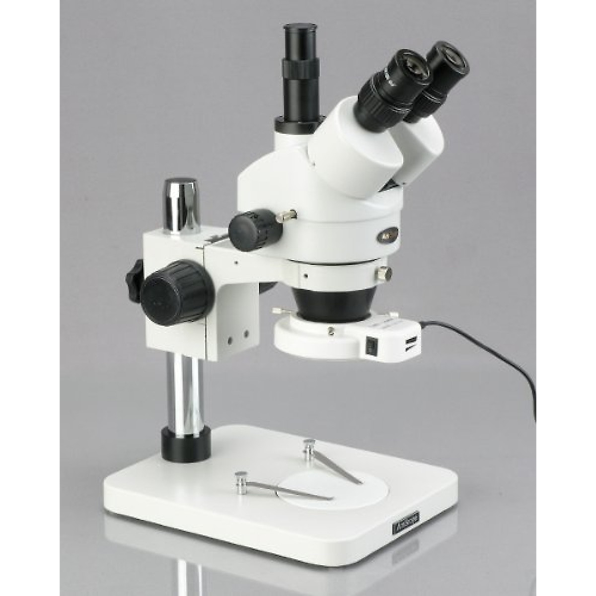 AmScope SM-1TSZZ-144S-10M Digital Professional Trinocular Stereo Zoom Microscope, WH10x and WH20x Eyepieces, 3.5X-180X Magnification, 0.7X-4.5X Zoom Objective, 144-Bulb LED Ring Light, Pillar Stand, 110V-240V, Includes 0.5X and 2.0X Barlow Lenses and 10MP