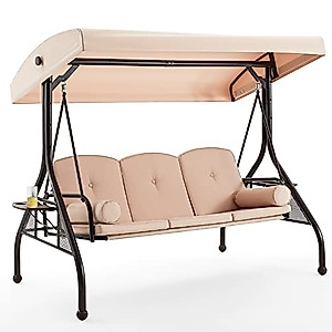 HOMREST 3 Seat Outdoor Porch Swing,Adjustable Canopy Porch Swings,Outdoor Swing with Stand, Patio Glider Chair with Thicken Cushions,Pillow & Cup Holder