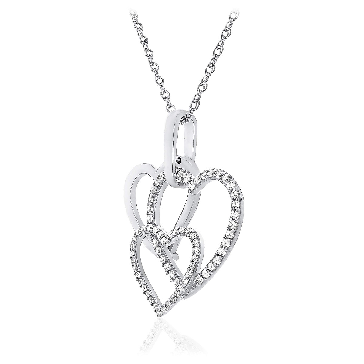 .925 Sterling Silver Round White Cubic Zirconia Three Overlapping Open Hearts Pendant Necklace with Delicate Rope Chain - 20”