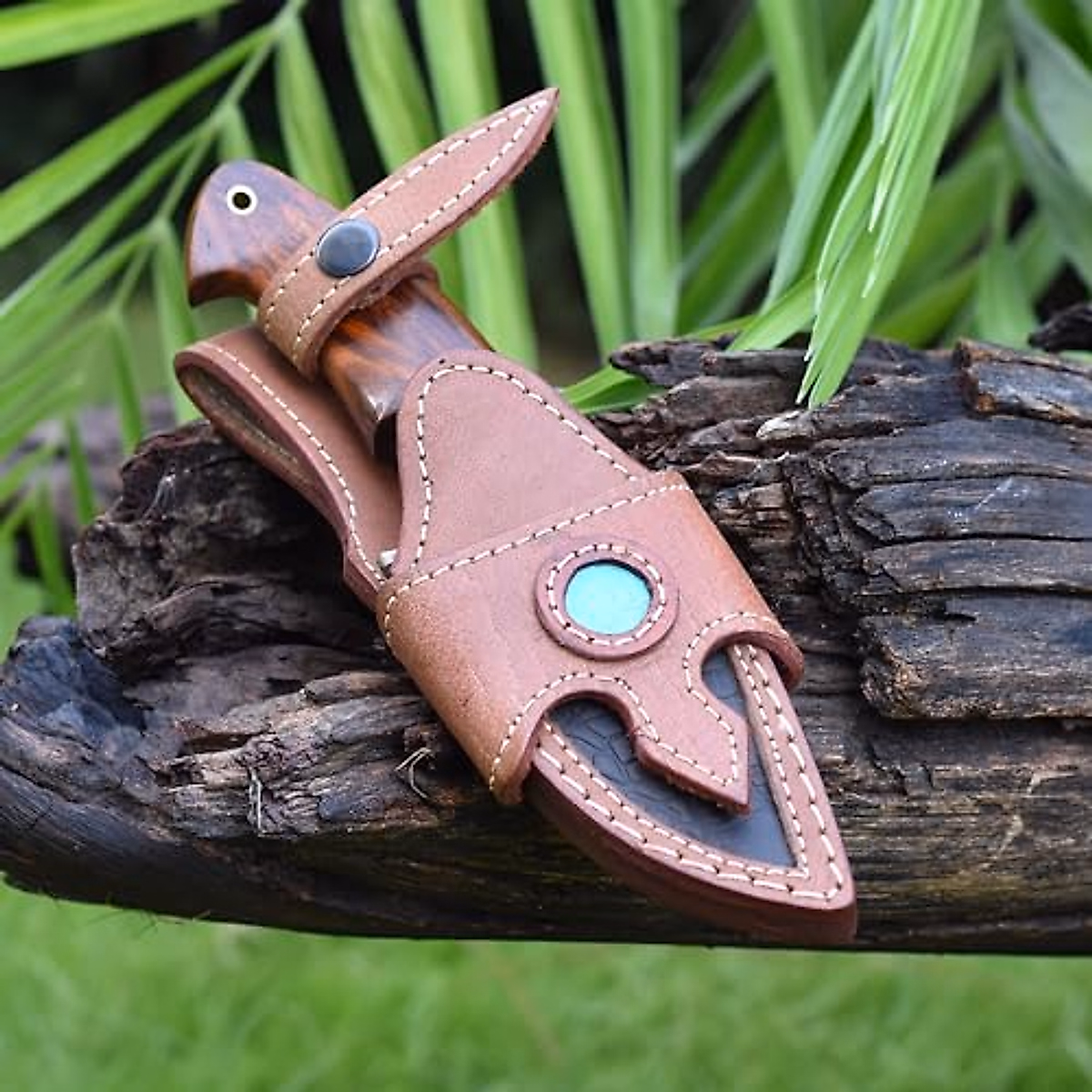 TIGEROUS Handmade Damascus Hunting Knife with Scout Horizontal Carry Leather Sheath Fixed Blade Full Tang for Camping, Hiking, Skinning,Survival (Deer Hunter) (Apo)