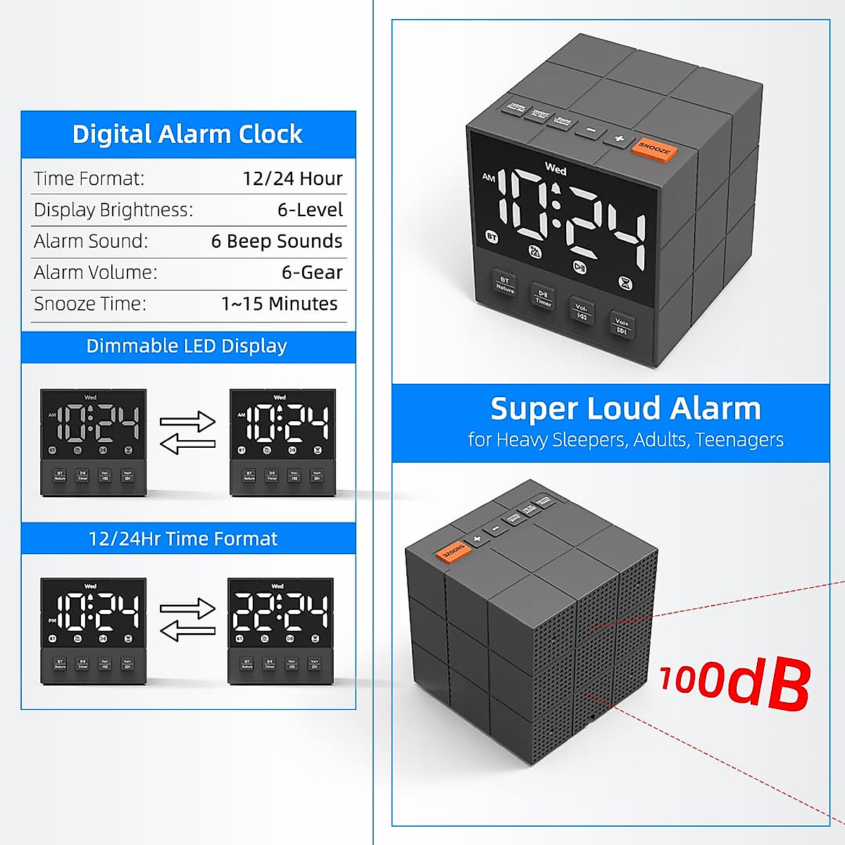 XKX Bluetooth Alarm Clock Speaker with 100dB Super Loud Alarm & 5W Hi-Fidelity Sound, Small LED Digital Clock for Bedroom, Great Gift Idea for Heavy Sleepers, Adults, Teens