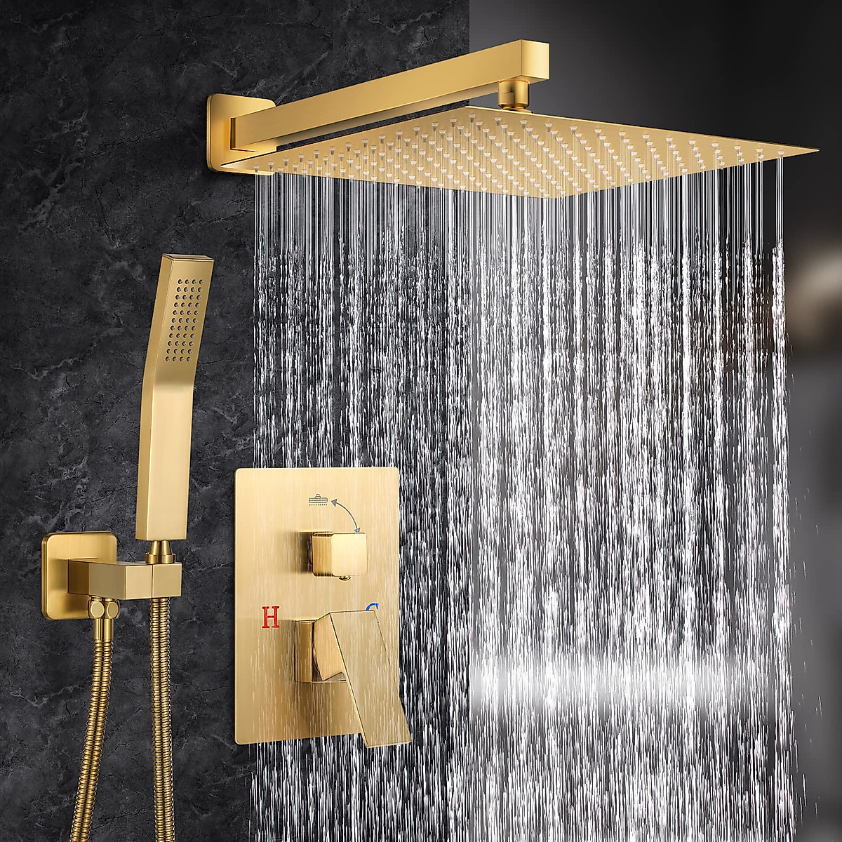 NERDON Shower System, 12 Inch Brushed Gold Shower Faucet Set with Rain Handheld, Wall Mounted Shower Faucet sets Complete for Bathroom Shower Fixtures Rough in Valve Body and Trim Kit