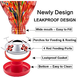 WOSIBO Hummingbird Feeder for Outdoors Patio Large 32 Ounces Colorful Hand Blown Glass Hummingbird Feeder with Ant Moat Hanging Hook, Rope, Brush and Service Card (RED-Firework)
