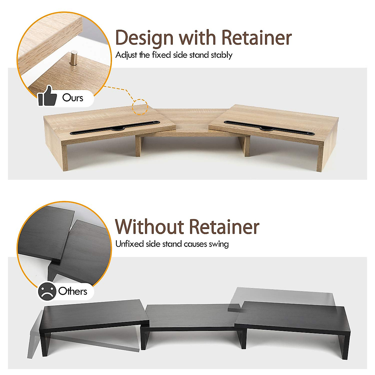 LORYERGO Dual Monitor Stand for Desk, Monitor Stand with 2 Slots for Phone and Tablet, Dual Monitor Riser with Length and Angle Adjustable, Computer Stand for Monitor, Laptop, Tablet (Light Wood)