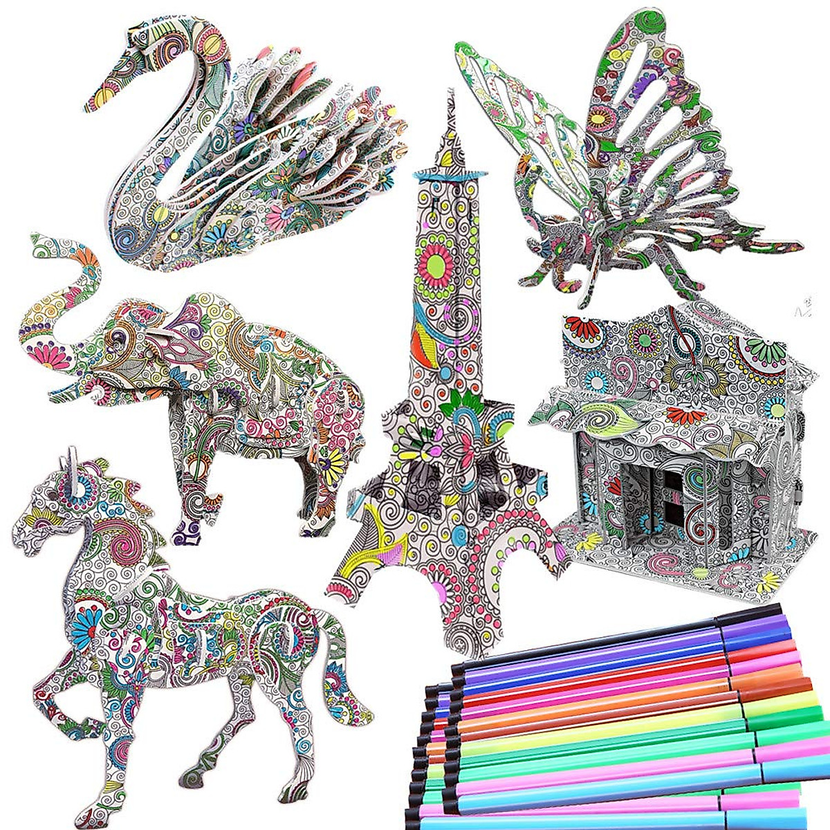 DDMY 6 Pack 3D Coloring Puzzle Set, Art Coloring Painting Puzzle for Kids Age 7 8 9 10 11 12, Fun Creative DIY Toys for Girls Boys
