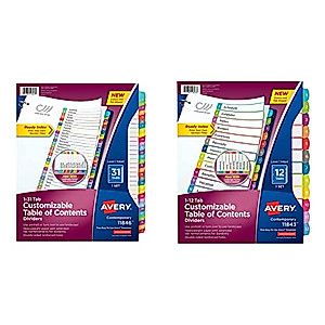 Avery 31-tab Dividers for 3 Ring Binders, Customizable Table of Contents, Multicolor Tabs, 1 Set & 12 Tab Dividers for 3 Ring Binders, Customizable Table of Contents, Multicolor Tabs, 1 Set (11843)