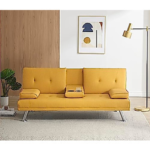 Anwick Modern Leather Futon Sofa Bed,Convertible Folding Couch Recliner Sleeper Loveseat for Small Space,Apartment,Office,Dorm,with Cup Holders and Removable Armrest (Yellow)