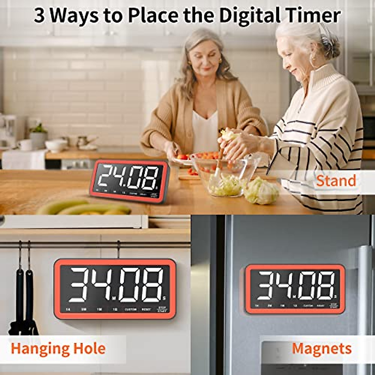 VOCOO Digital Kitchen Timer with 7.8” Extra Large Display, Magnetic LED Timer with 3 Brightness, 4 Alarms and 3 Volume Levels, Battery Powered Countdown Count Up Timer for Cooking, Classroom, Home Gym