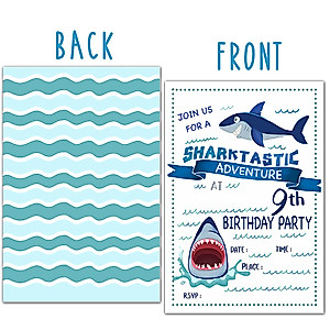 ukebobo 9th Birthday Party Invitations with Envelopes – Shark Birthday Party Invitations, Shark Party Decorations– 20 Cards With Envelopes（sy-09）