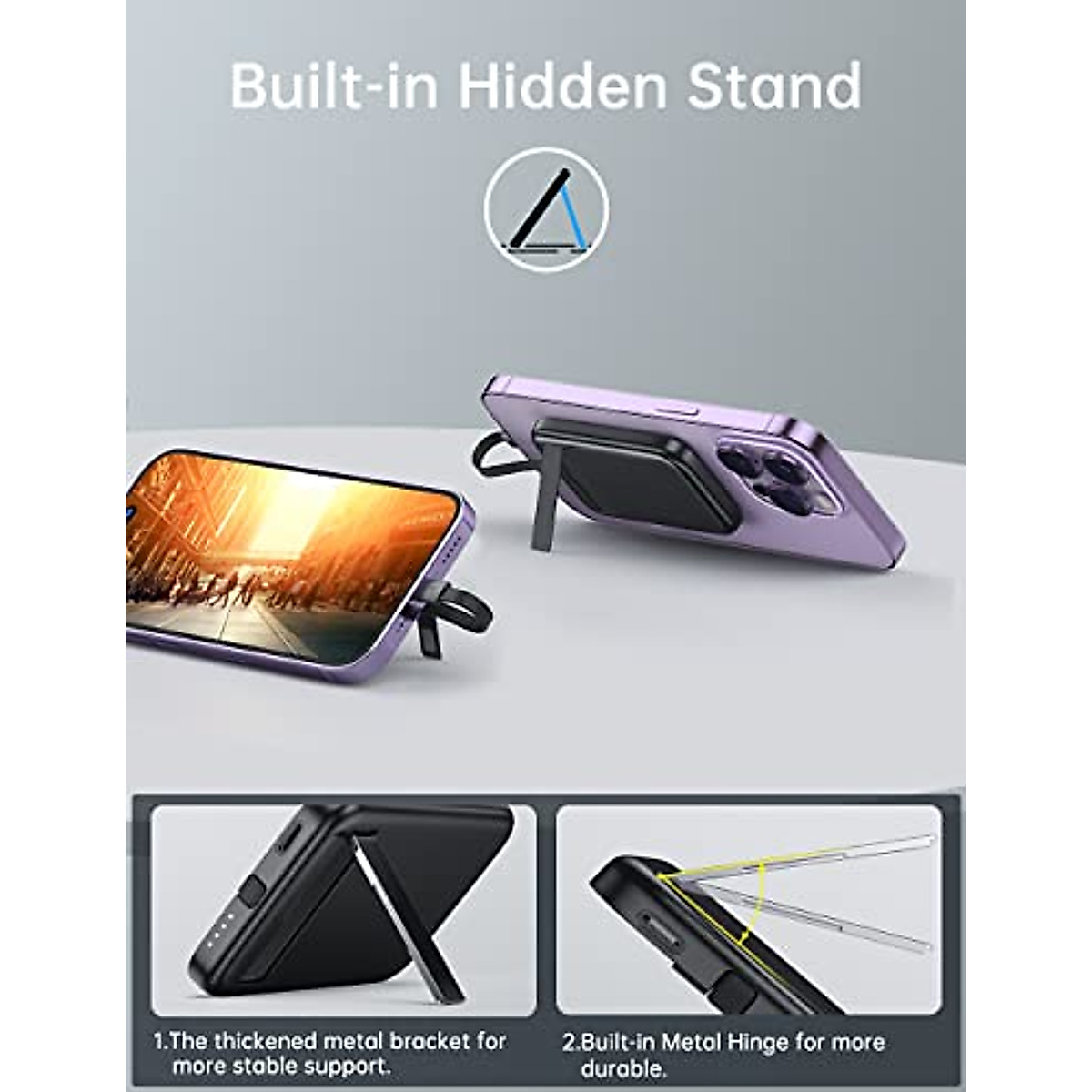 EMNT Small Magnetic Portable Charger for iPhone,5200mAh Mini Power Bank with Built-in Cable/Metal Stand, Battery Pack Compatible with iPhone 14/14 Plus/Pro Max/13/12/11/XS/XR/X/8/7/6/6s/Airpods More 5