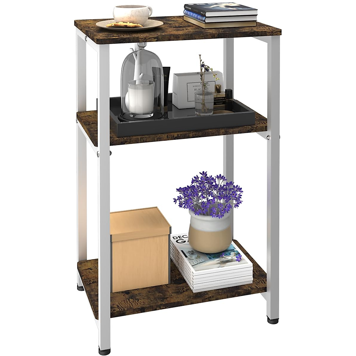 Tigerden 3 Tier Side Table, Heavy Duty End Table with Shelves, Narrow nightstand Table for Small Spaces, Record Player Table for Bedroom, Living Room, Sofa Couch - Rustic Brown & White