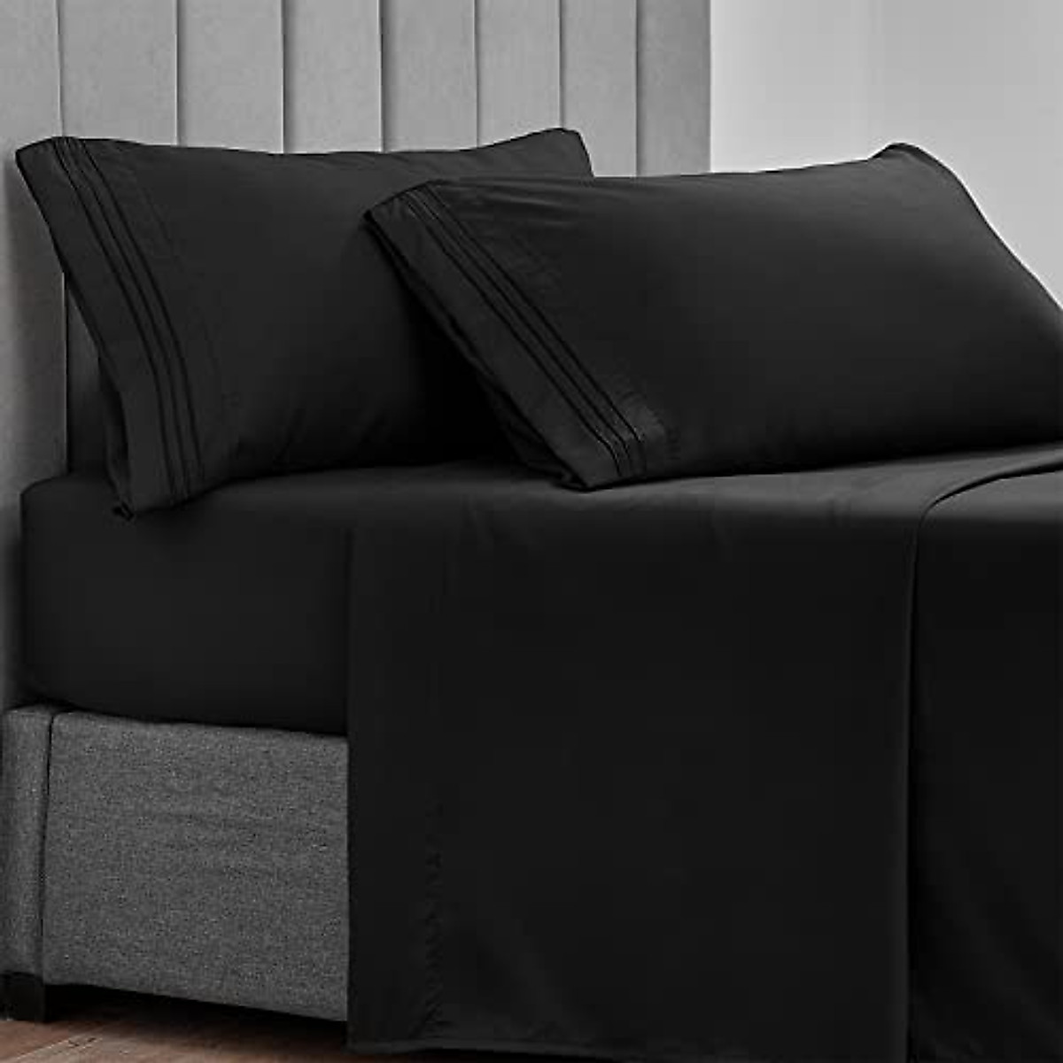 CozyLux Pillow Cases Queen Set of 2 Luxury 1800 Series Double Brushed Microfiber Bed Pillow Cases Embroidered 2 Pack 20x30 inches, Black Pillow Covers with Envelope Closure