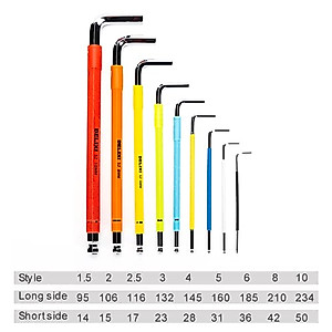 DELIXI Color Coded Ball End Hex L-Key Set, Metric 1.5-10mm, 9 Pieces, Long Arm Allen Wrench Set