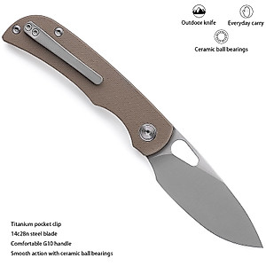 Miguron Knives M Moyarl Folding Knife,3.25" 14c28n Steel Satin Blade Tan G10 Handle With Titanium Pocket Clip, Camping Hiking Pocket Knife MGR-806TN