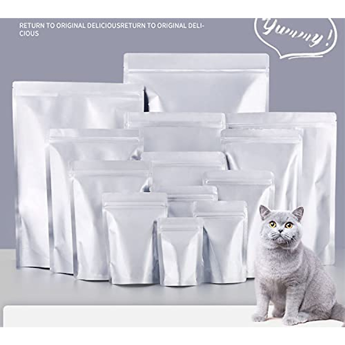 60 Mylar Bags for Food Storage with Oxygen Absorbers , 8 Mil 1Gallon 10.2"x13.8", 8.2"x12", 5.9"x8.5", 4.3"x6.3" Stand-Up Zipper Resealable Bags & Heat Sealable Food Storage Bags + Labels+hook up