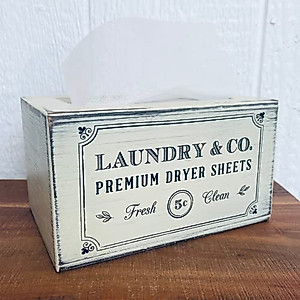 Adore Galore Decor Dryer Sheet Dispenser – Neat Wood Dryer Sheet Holder for Fabric Softener Sheets with Metal Dispensing Push Plate and 2 Laundry Signs - Farmhouse Laundry Room Decor (Ivory)