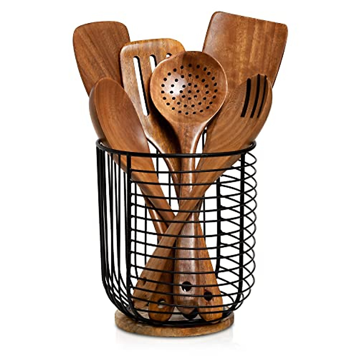 MosJos Extra Large Black Utensil Holder with Wooden Base - Farmhouse Utensil Storage - Wire Crock Kitchen Countertop Organizer - 7.2 x 6.2 Cooking Utensil Holder