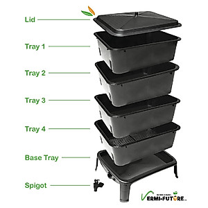VERMI-FUTURE® Worm Condo Composting Bin, 4 Trays, Black, with Startup Bedding & 3in1 Soil Meter, Ideal for Small Households