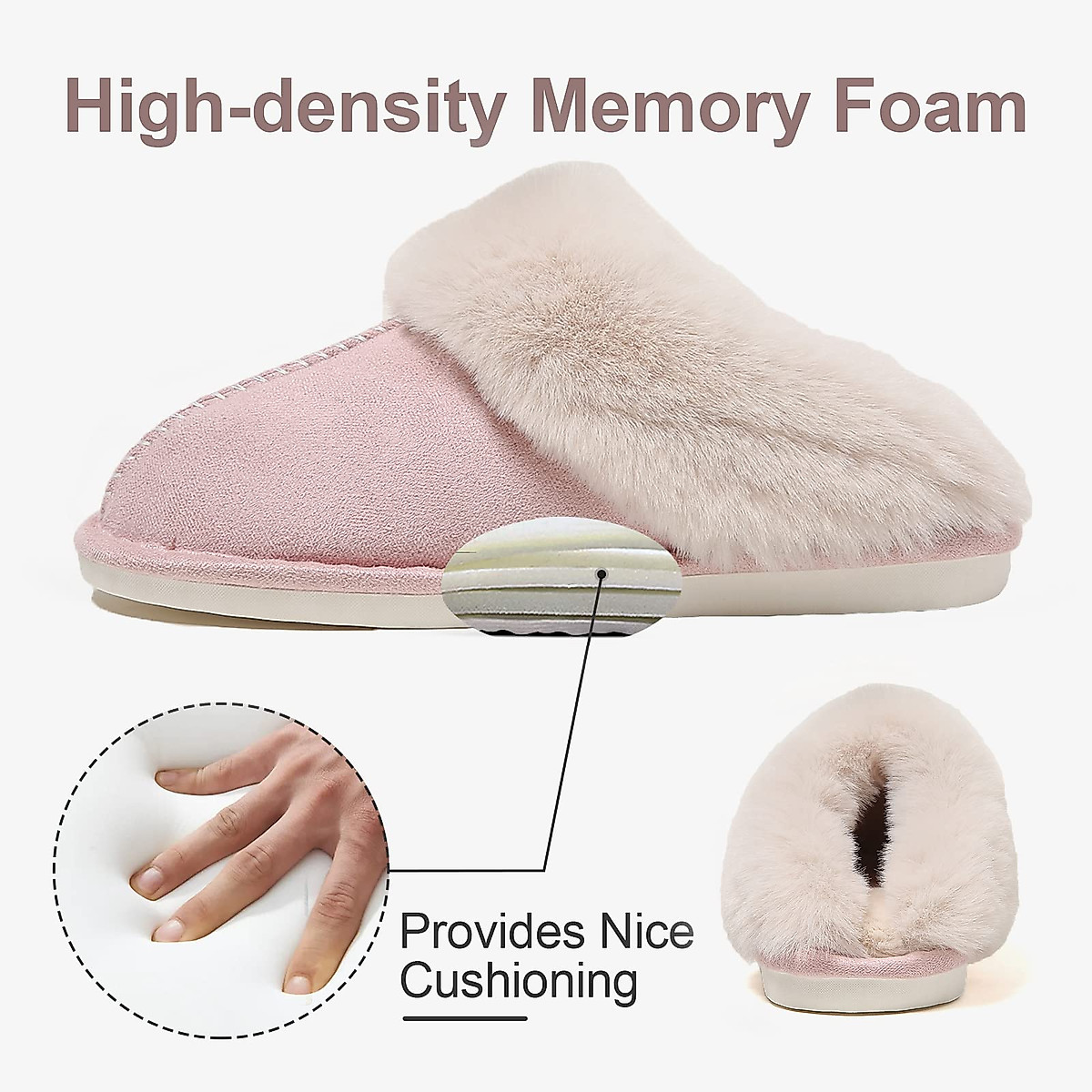 PLMOKN Women's fuzzy slippers men indoor and outdoor anti-skid rubber sole memory foam fluffy cute house bedroom pillow slides, A-pink/42-43