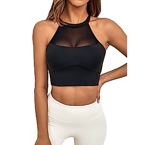 Milumia Women Contrast Mesh Backless Sports Bra Cut Out Halter Padded Workout Bras Black X-Large