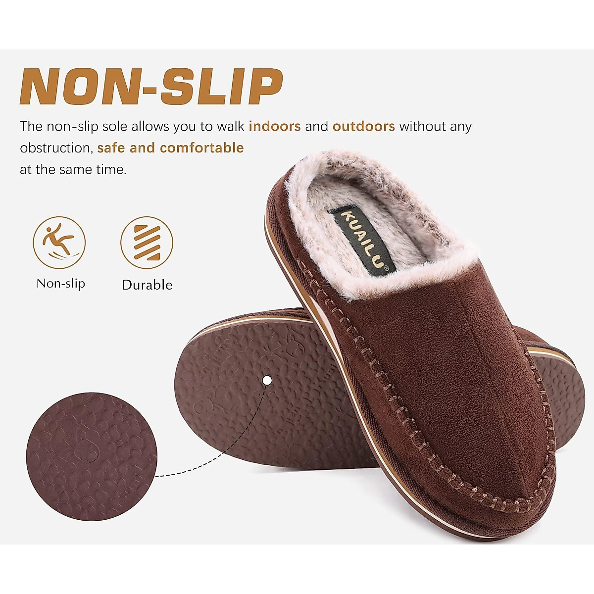 KuaiLu Mens Slippers with Orthotic Arch Support Suede Faux Fur Fluff Plush Wool-like Warm House Shoes Comfortable Slip-on Bedroom Indoor Outdoor Clogs Slippers for Man, Size Brown 11