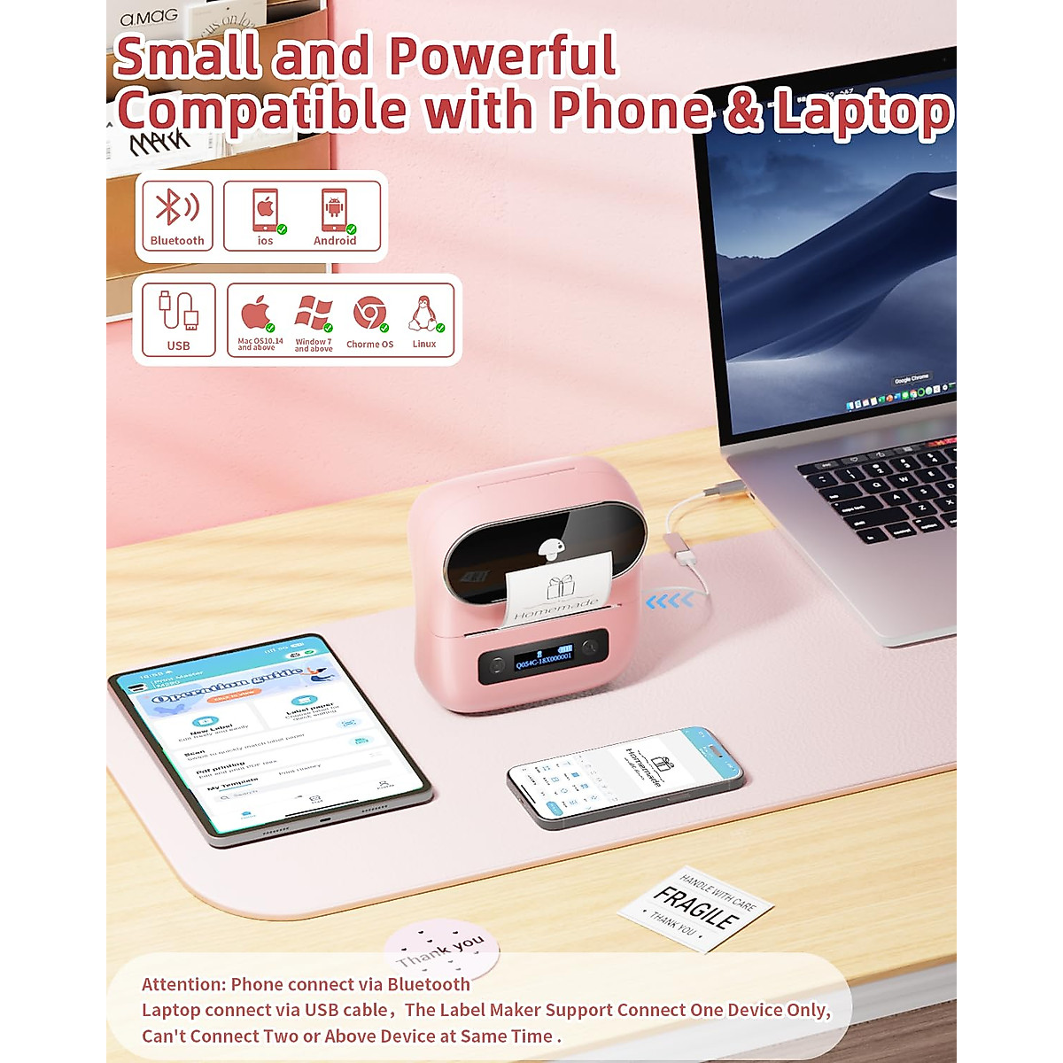 Phomemo Label Printer - M220 Label Maker, Bluetooth Mini Barcode Printer, 3 Inch Wireless Portable Sticker Maker Machine for Mailing, Storage, Address, Clothing, Home, Office,Pink