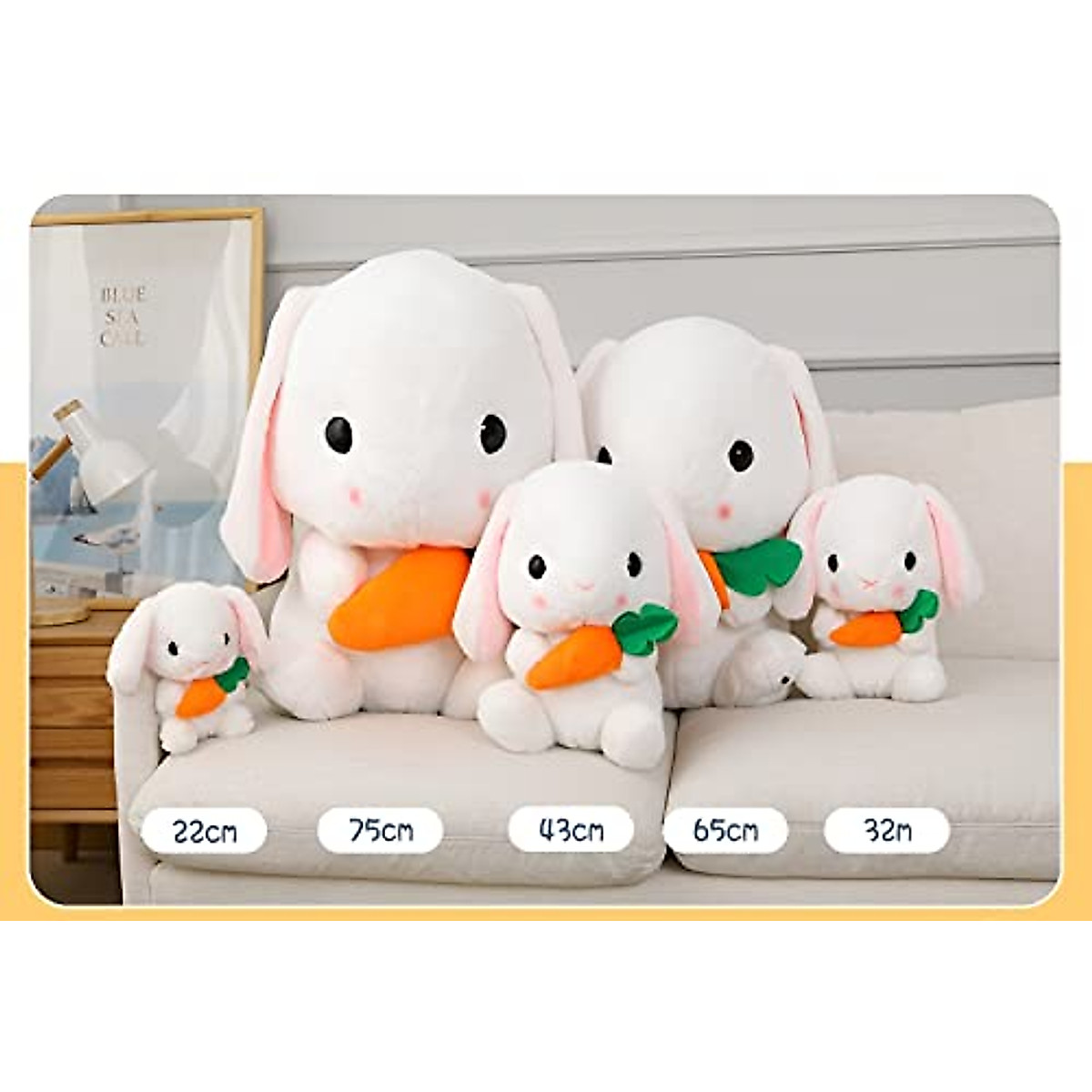 HOUPU Soft Toy - Sitting Lop Eared Rabbit, Easter White Rabbit Stuffed Bunny Animal with Carrot Soft Lovely Realistic Long-Eared Standing Pink Plush Toys (White-Carrot,8.6in/22cm)