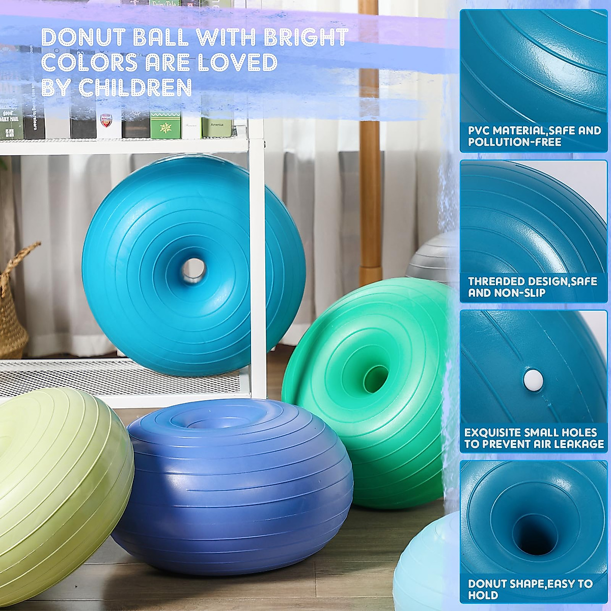 Wettarn 8 Pcs Flexible Seating for Classroom Inflatable Donut Ball Chair with Hand Pump Elementary Yoga Ball with Black Inflator Floor Cushion for Kids Exercise Balance Training Student Desk Chairs